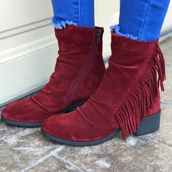 Anthropologie | Shoes | Leather Red Wine Boho Fringe Tall Ankle Boots ...